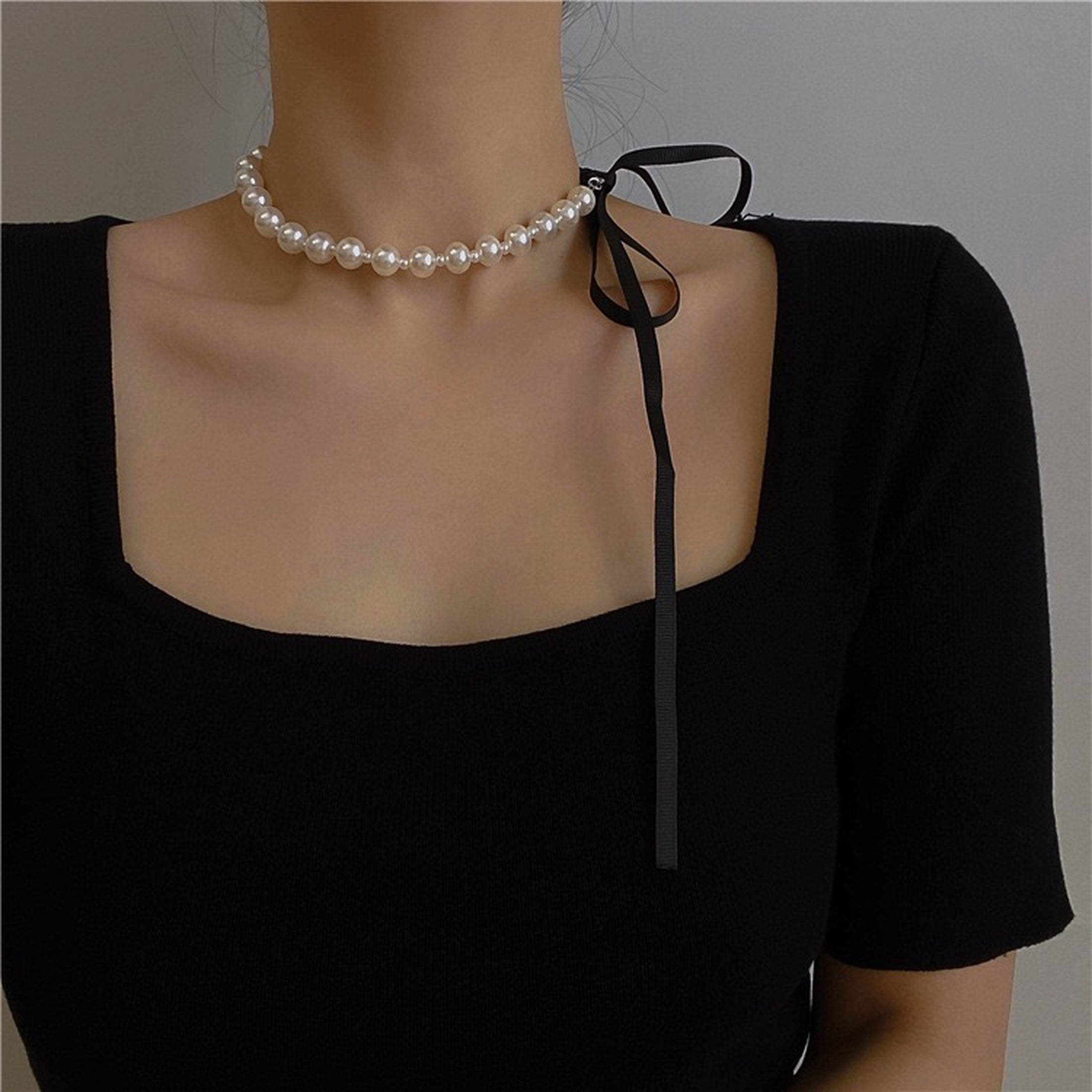 Audrey Hepburn Black Silk Bow Ribbon Pearl Necklace | Handmade Vintage ...