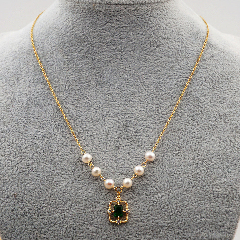 Emerald Natural Pearl Gold Lace Necklace - Rectangle|Heart Emerald Gre – WithHerNYC