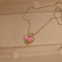 Dainty Tulip Flower Pendant Necklace | Pink Heart Charm Layering Gold ...
